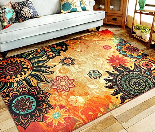 EUCH Contemporary Boho Retro Style Abstract Living Room Floor Carpets,Non-Skid Indoor/Outdoor Large Area Rugs,75"x98" Lotus