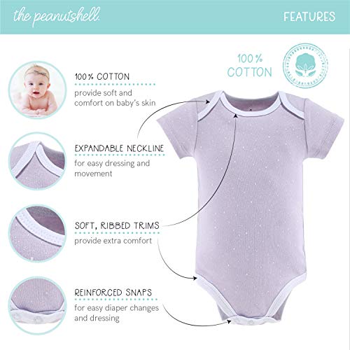 The Peanutshell Short Sleeve Baby Bodysuits Set for Baby Girls - Purple, Grey, Mint - 5 Pack Set (Newborn)