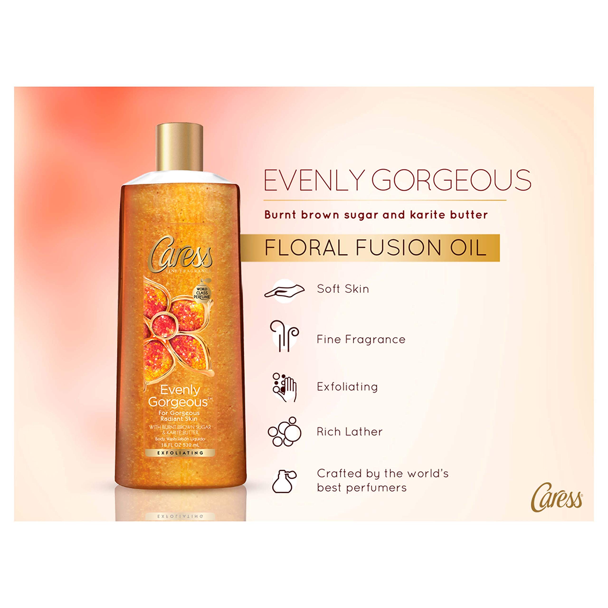 Caress Evenly Gorgeous With Burnt Brown Sugar & Karite Butter Body Wash 18 oz ( Pack of 3)