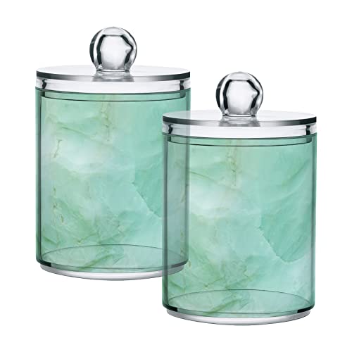 Blueangle 2PCS Green Marble Pattern Qtip Holder Dispenser with Lids - Apothecary Jar Containers for Vanity Organizer Storage - Plastic Food Storage Canisters(182)