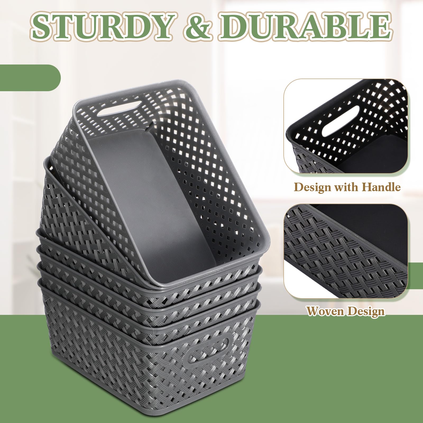 FoldTier 6 Pack Plastic Storage Baskets Stackable Organizing Container Knit Storage Organizer Bins for Shelves Drawers Cabinet Desktop Closet Playroom Classroom Office (Beige,Medium)