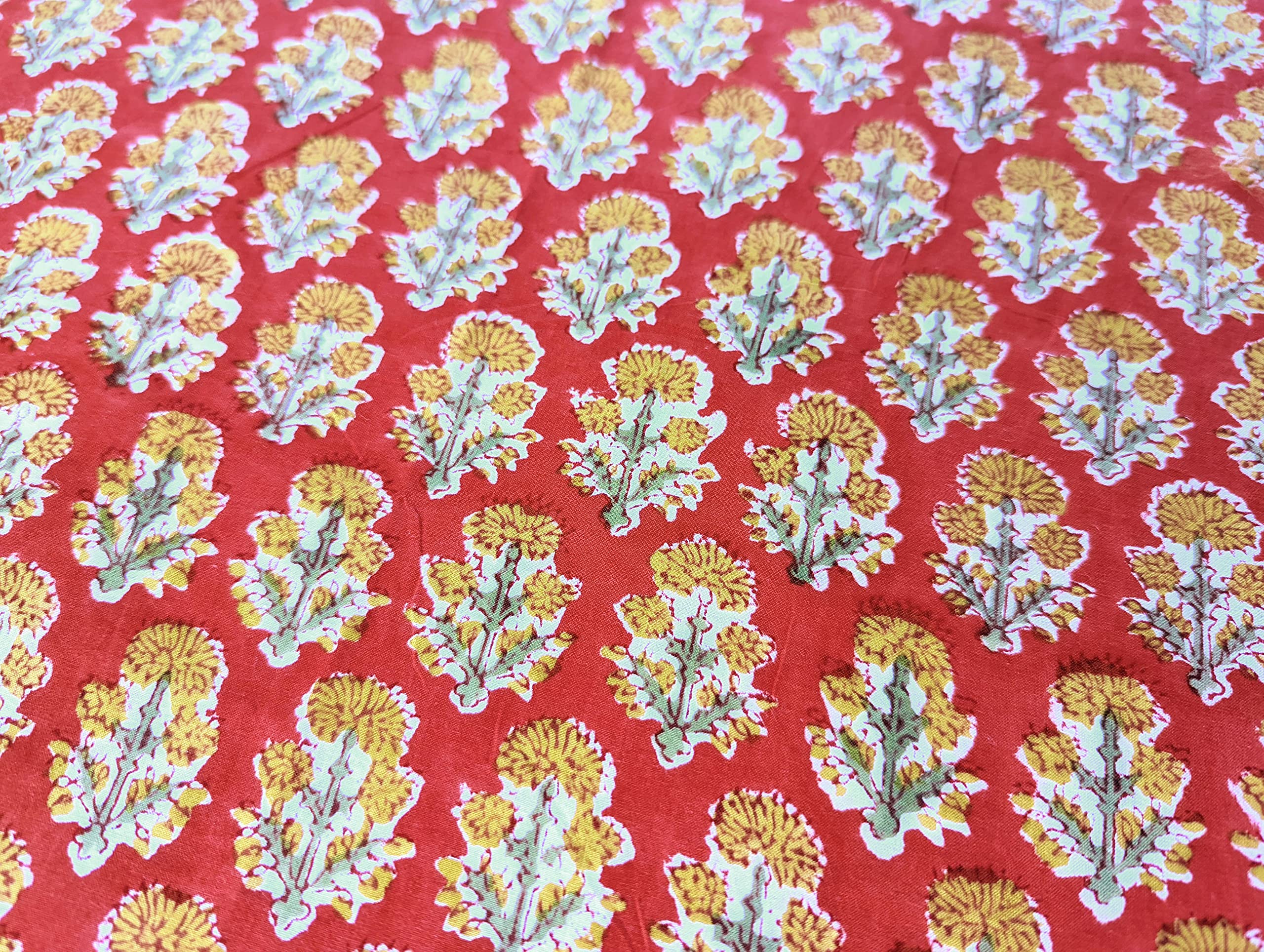 AVKA Studio Hand Block Print Fabric by The Yard - PRECUT 1 Yard 42 Inch Width - 100% Cotton Material - Red Floral Pattern - Light Weight Indian Cloth for Making Summer Dress Tops Indian Fabric etc