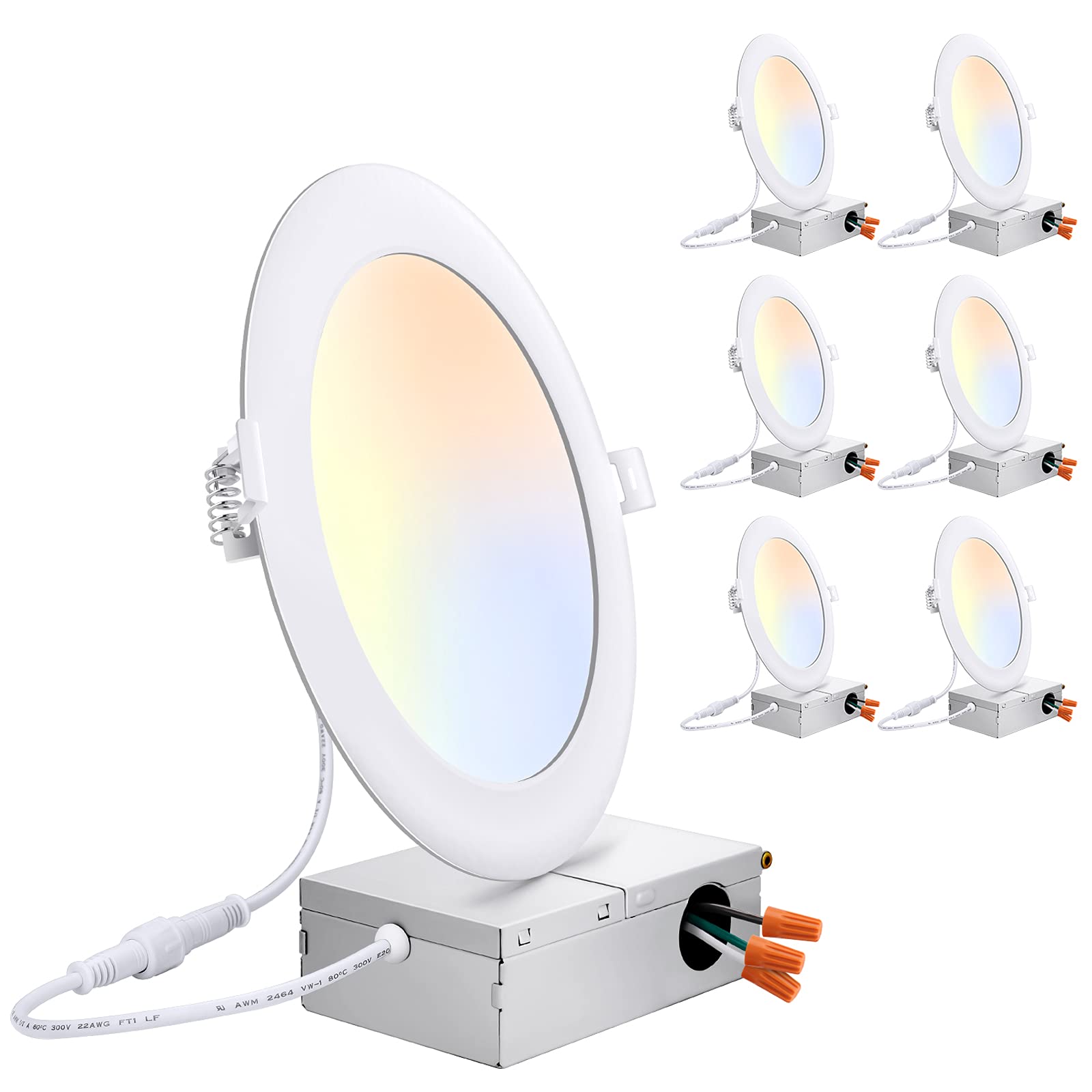 6 Pack 6 Inch 3CCT Ultra-Thin LED Recessed Ceiling Light with Junction Box, 3000K/4000K/5000K Selectable, 15W Eqv 150W, 1400LM High Brightness, Dimmable Canless Downlight Slim Recessed Lighting