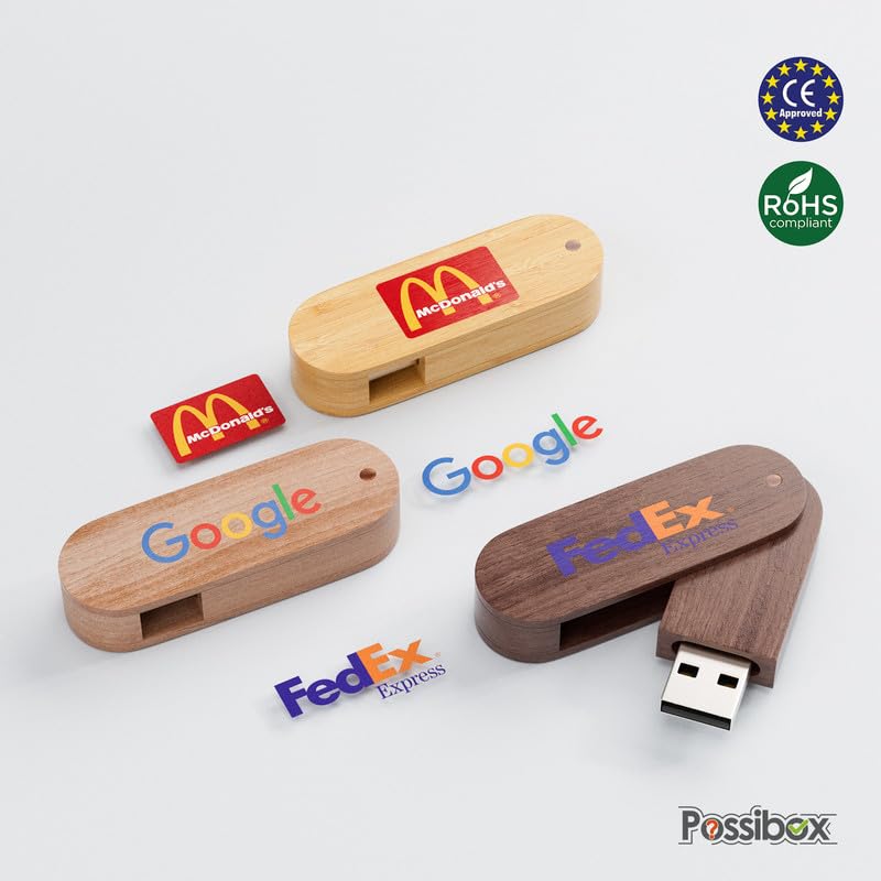 Possibox Custom Swivel Wooden USB 2.0 Flash Drive 128MB Imprinted or Engraved with Your Logo - Bulk Wholesale Promotional - 50 Pack