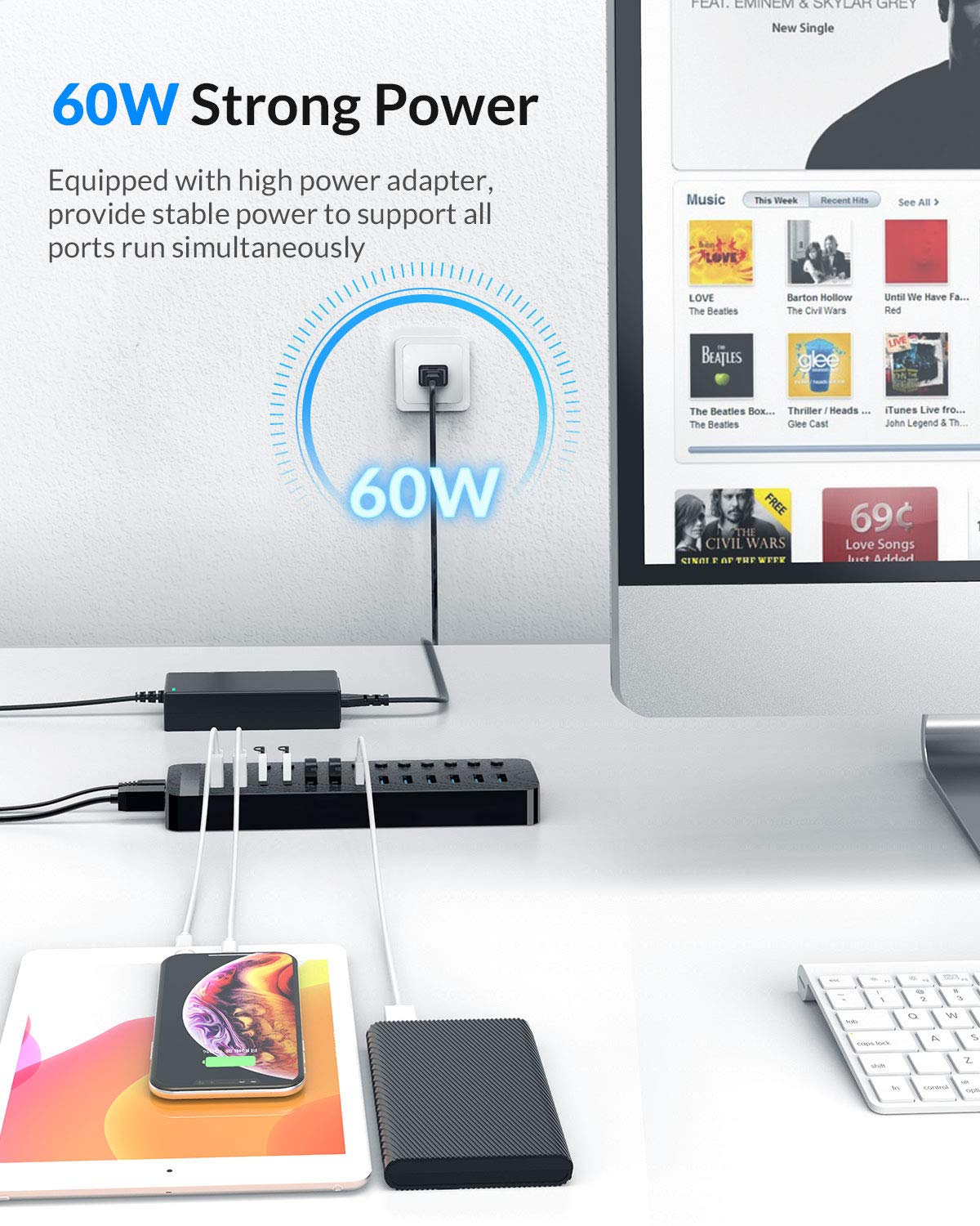 ORICO Powered USB Hub, 13 Ports 60W USB 3.0 Data Hub with BC1.2 Charging, Individual On/Off Switches and 12V/4A Power Adapter for Desktop Computer, PC, iMac, Mobile HDD, Flash Drive
