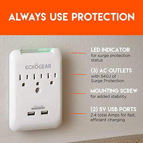 ECHOGEAR Outlet Extender Multiplug with 3 AC Outlets & 2 USB Ports β Low Profile Design Sits Just 1.1" from Wall - Protects Your Gear with 540 Joules of Surge Protection