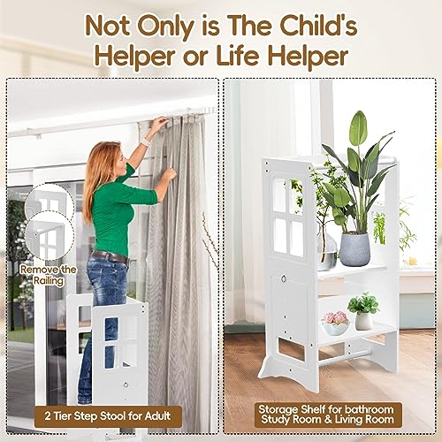 4 in 1 Toddler Kitchen Step Stool, Kitchen Toddler Tower Helper with Whiteboard and Safety Rail, Anti-Slip Protection, Adjustable-Height Kids Learning Standing Tower for Kitchen Counter Bathroom Sink