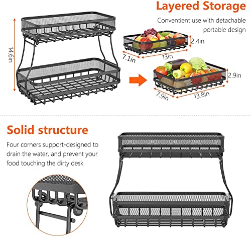 CHLORYARD 2 Tier Fruit Basket Countertop for Kitchen, Vegetable Bread Basket Fruit Bowl Storage Stand Detachable Metal Rectangular Wire Basket 14-Inch Antique Black