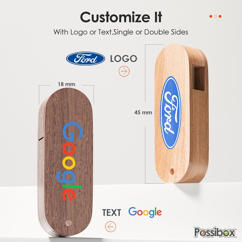 Possibox Custom Swivel Wooden USB 2.0 Flash Drive 16GB Imprinted or Engraved with Your Logo - Bulk Wholesale Promotional - 100 Pack