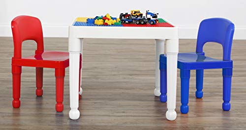 Humble Crew, White/Blue/Red Kids 2-in-1 Plastic Building Blocks-Compatible Activity Table and 2 Chairs Set, Square, Toddler