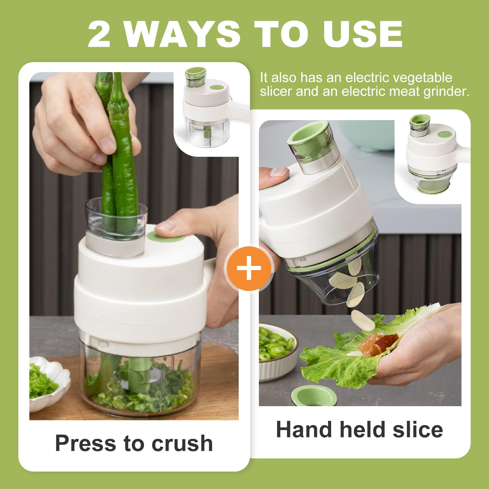 4 in1 Handheld Electric Vegetable Cutter Slicer Garlic Mud Masher USB Wireless Chopper Cutting Pressing Mixer Food Slice for Garlic Pepper Chili Onion Celery Ginger Meat (White)