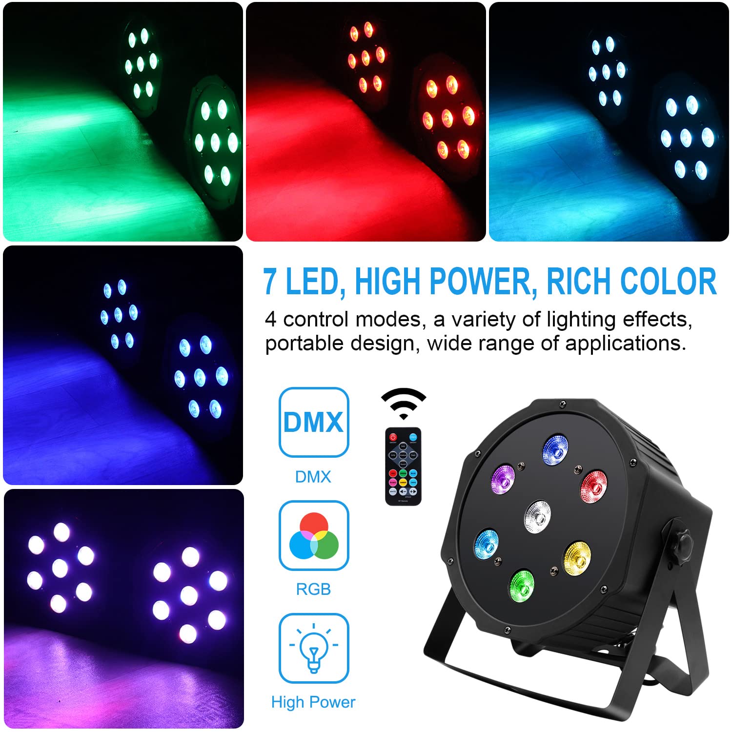 7x10W Par DJ LED Par Light Remote & DMX Controlled Sound Activated Auto Play Uplights for Wedding Birthday Christmas Holiday Music Show Dance Party Stage