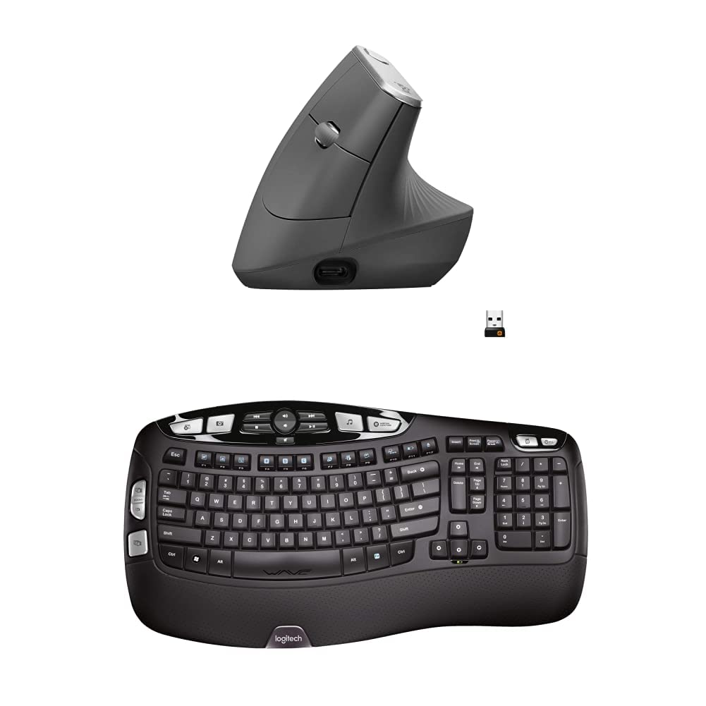Logitech MX Vertical Wireless Mouse, K350 Wireless Wave Keyboard - Graphite & Black, 4000 DPI, 10m Range, 4 Month Battery, Ergonomic, Rechargeable, Ambidextrous, Windows & MacOS Compatible