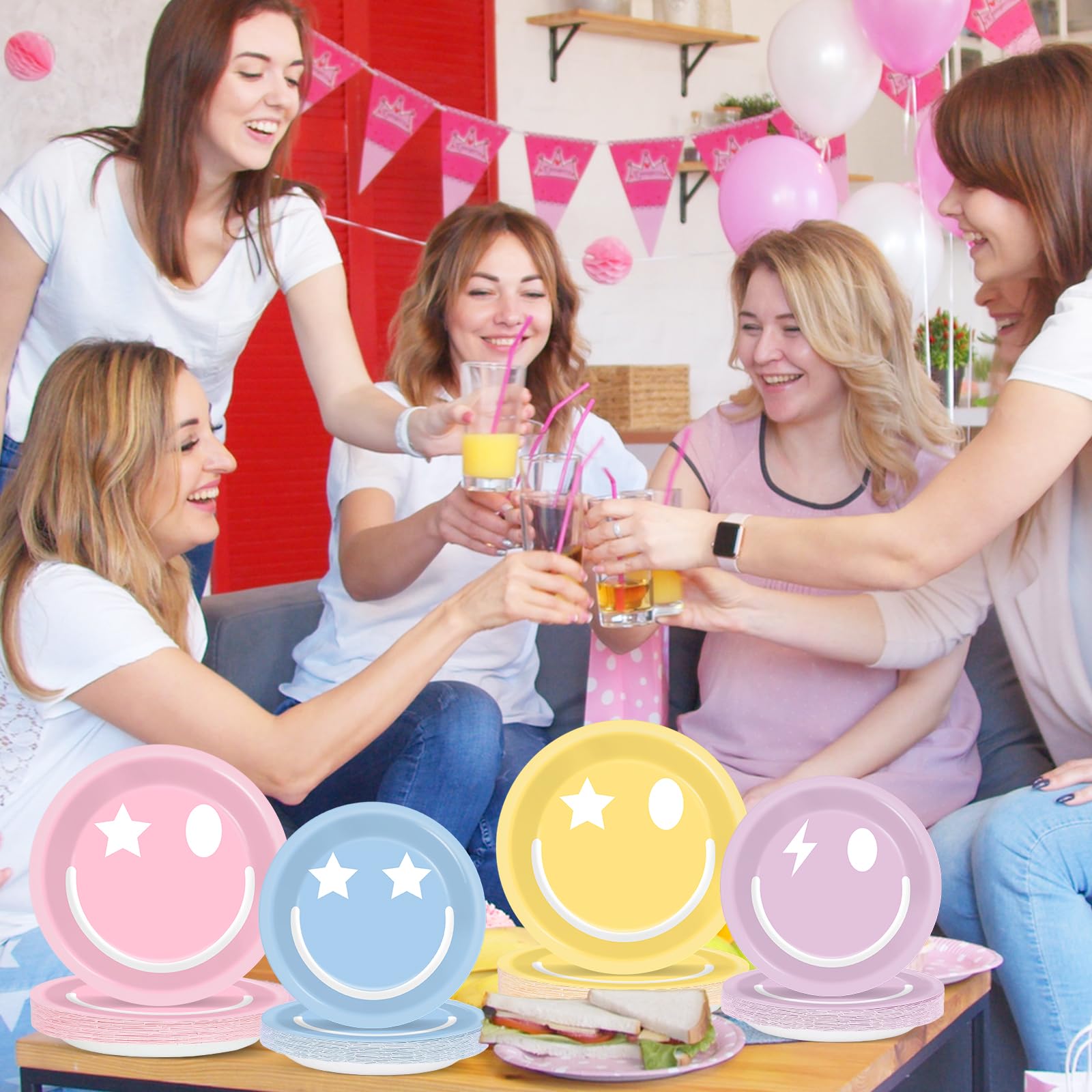 Justforjoyful 96Pcs Pastel Smile Face Party Decorations Paper Plates Napkin Preppy Smile Face Party Tableware Set Smile Face Dinnerware Supplies for Birthday Bachelorette Baby Shower Decor Serve 24