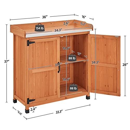 Yaheetech Garden Potting Bench Table - Outdoor Garden Patio Wooden Storage Cabinet & Solid Wood Planting Work Bench with Large Space Storage & Metal-Plated Tabletop, Brown