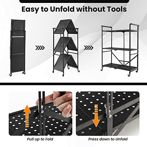 Giantex 3-Tier Folding Utility Cart, Storage Shelves on Wheels 2 Lockable Casters, Steel Rolling Shelving Units, Mobile Wire Rack for Kitchen Living Room Garage, Black (1, 28.5" Lx13 Wx 37" H)