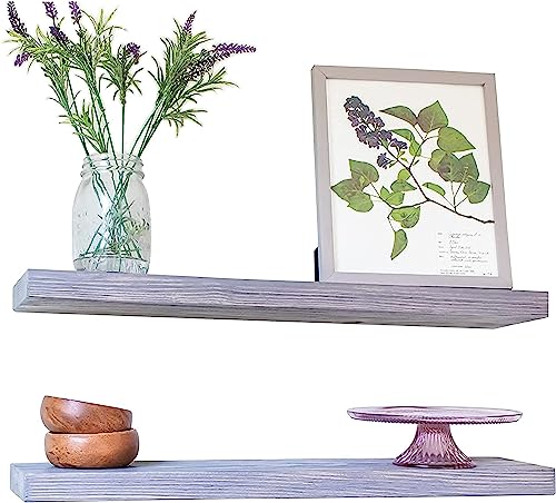 Willow & Grace Easily Mounted Floating Wall Barn Wood Shelves for Home Living Rooms and Bedrooms, Rustic Gray, 24 Inch, (Set of 2)