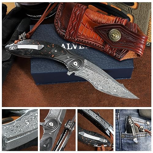 ALVELY handmade Folding Pocket Knife,Japanese Damascus steel 3.9in blade Men's folding knife,with Pocket Clip Leather Sheath,liner lock, Carbon Fiber Handle,fit EDC Outdoor camping Survival,gift