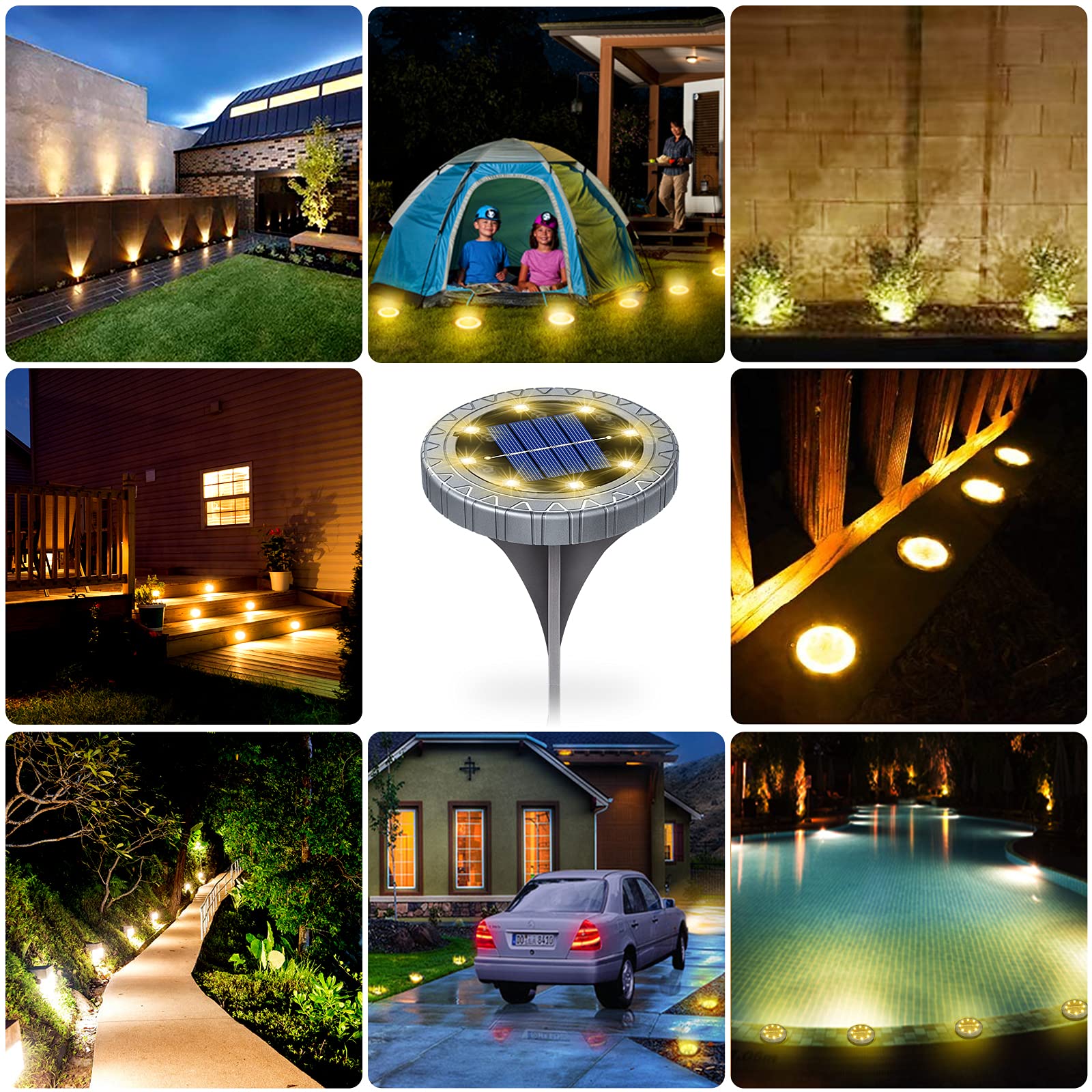Solar Powered Ground Lights 8 Pack,IP68 Waterproof LED Solar Lights Outdoor Garden Decorative Solar Disk Lights,Solar Landscape Path Lighting for Pathway Yard Walkway Lawn Driveway(Warm White)