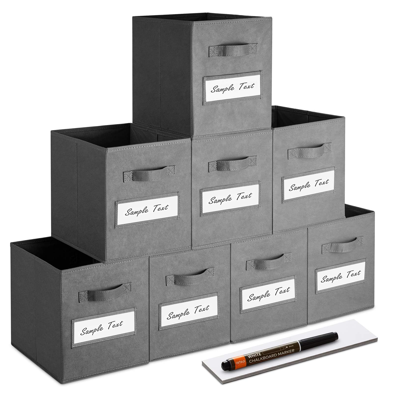 artsdi Set of 8 Storage Cubes,Foldable Fabric Cube Storage Bins with 8 Labels Window Cards & a Pen,Baskets Containers for Shelves,Closet Organizers Box for Home & Office,Gray