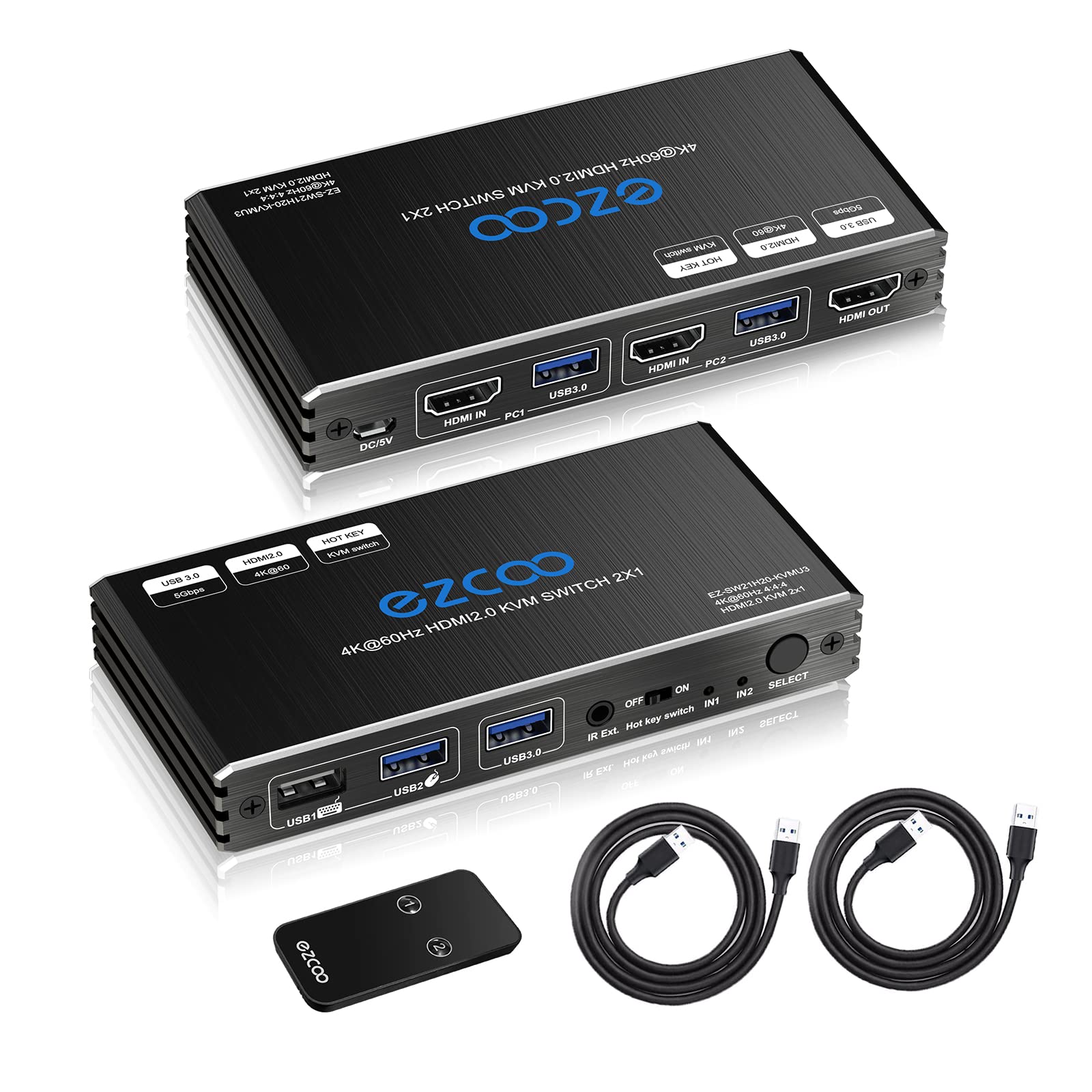 USB 3.0 KVM Switch HDMI 2 Computer 1 Monitor HotKey 4K60 4:4:4 HDR Atmos - 2 PCs Share Keyboard Mouse Printer Scanner Mac Windows,HDCP Pass, 2 USB3.0 Cable,USB Selector SW21KVM