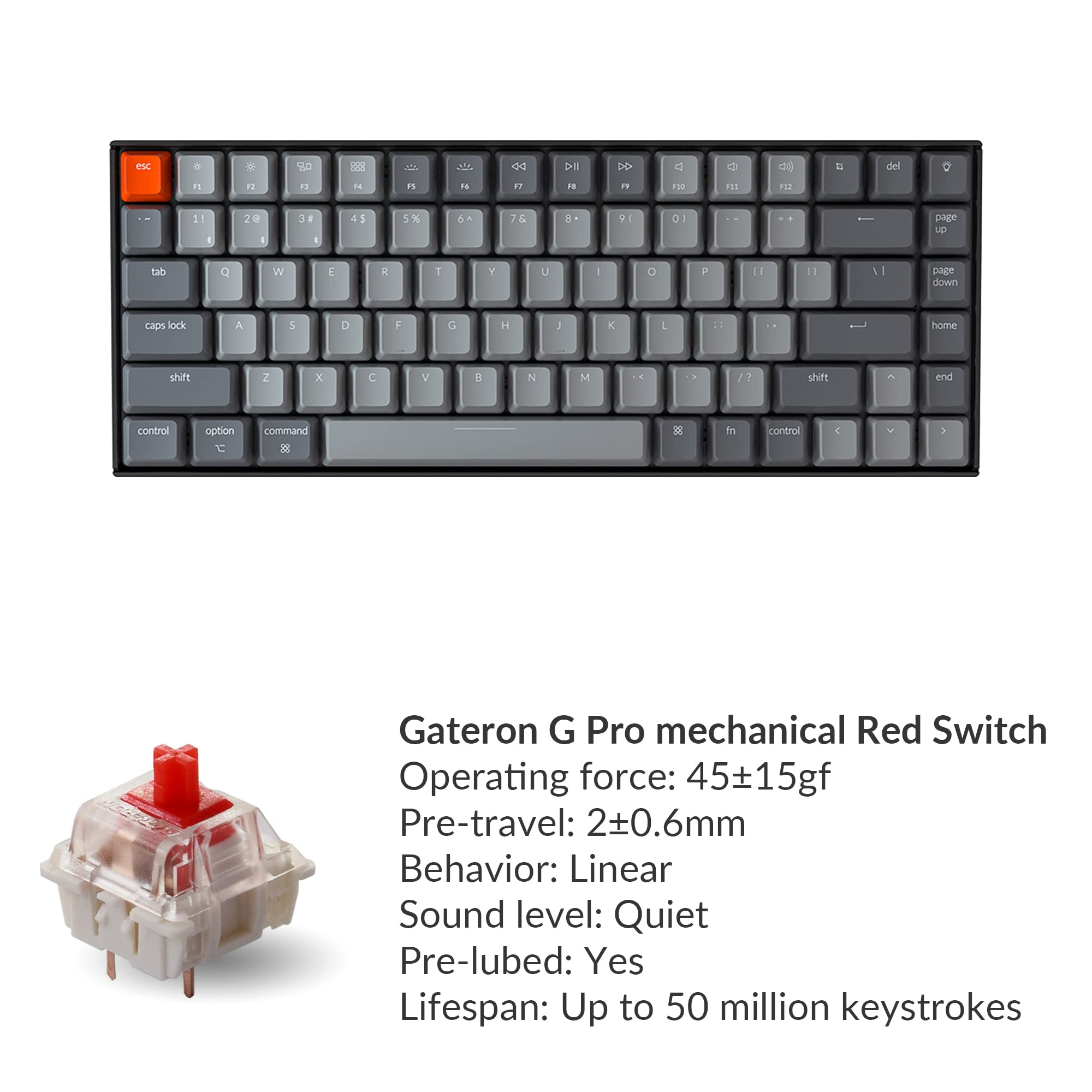 Keychron K2 75% Layout Bluetooth Mechanical Keyboard with Gateron G Pro Red Switch/White LED Backlit/Anti Ghosting/N-Key Rollover/Compact 84 Key USB C Wired Computer Keyboard for Mac Windows-Version 2