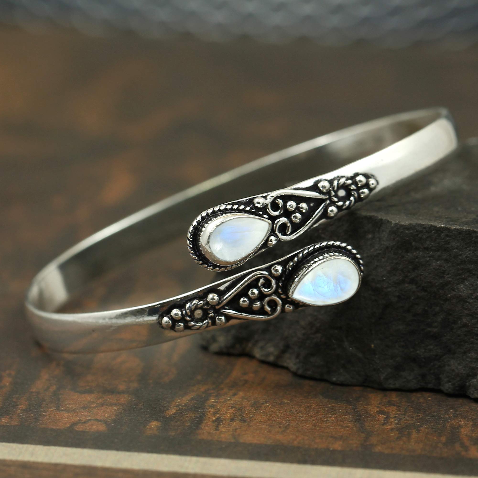 3.05 Cts Moonstone Bangle For Women Silver Overlay Handmade Vintage Boho Style Jewelry Mother'S Day Gifts For Mom Wife