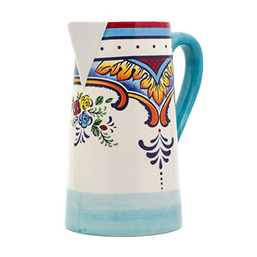 Euro Ceramica Zanzibar Collection Vibrant 9.4" Decorative Ceramic Pitcher, 2.5LT, Spanish Floral Design, Multicolor