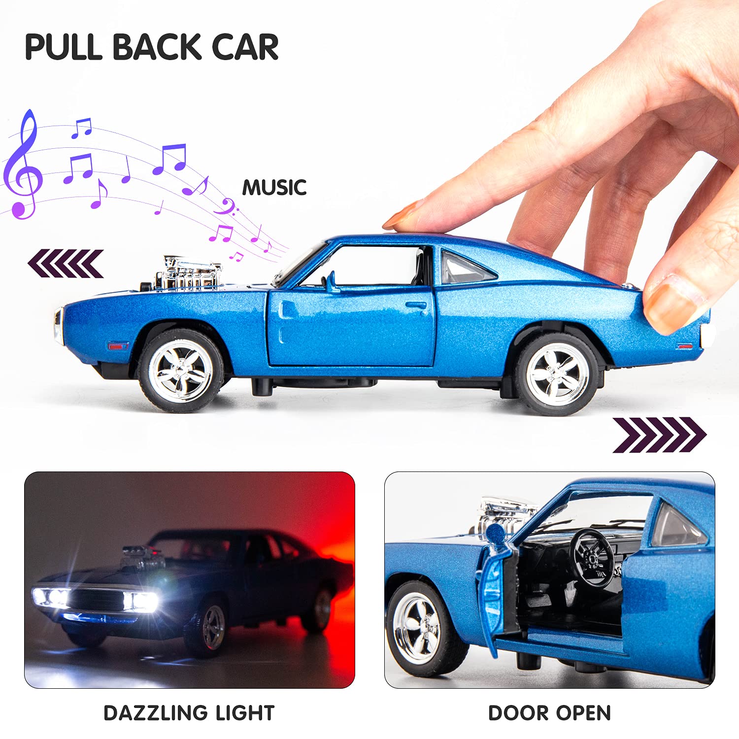 BDTCTK Compatible for 1:32 Dodge Charger Model Car, Zinc Alloy Pull Back Toy Car with Sound and Light for Kids Boy Girl Blue