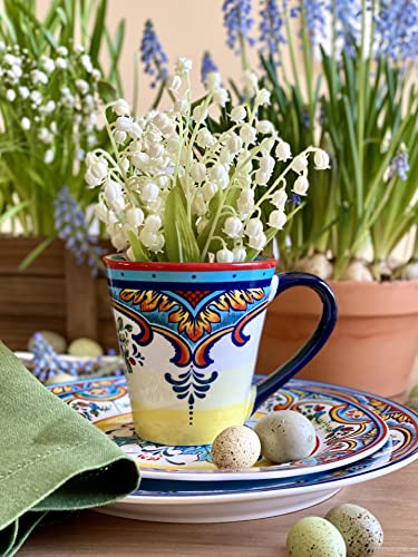 Euro Ceramica Zanzibar Collection 16 Piece Dinnerware Set Kitchen and Dining, Service for 4, Spanish Floral Design, Multicolor, Blue and Yellow