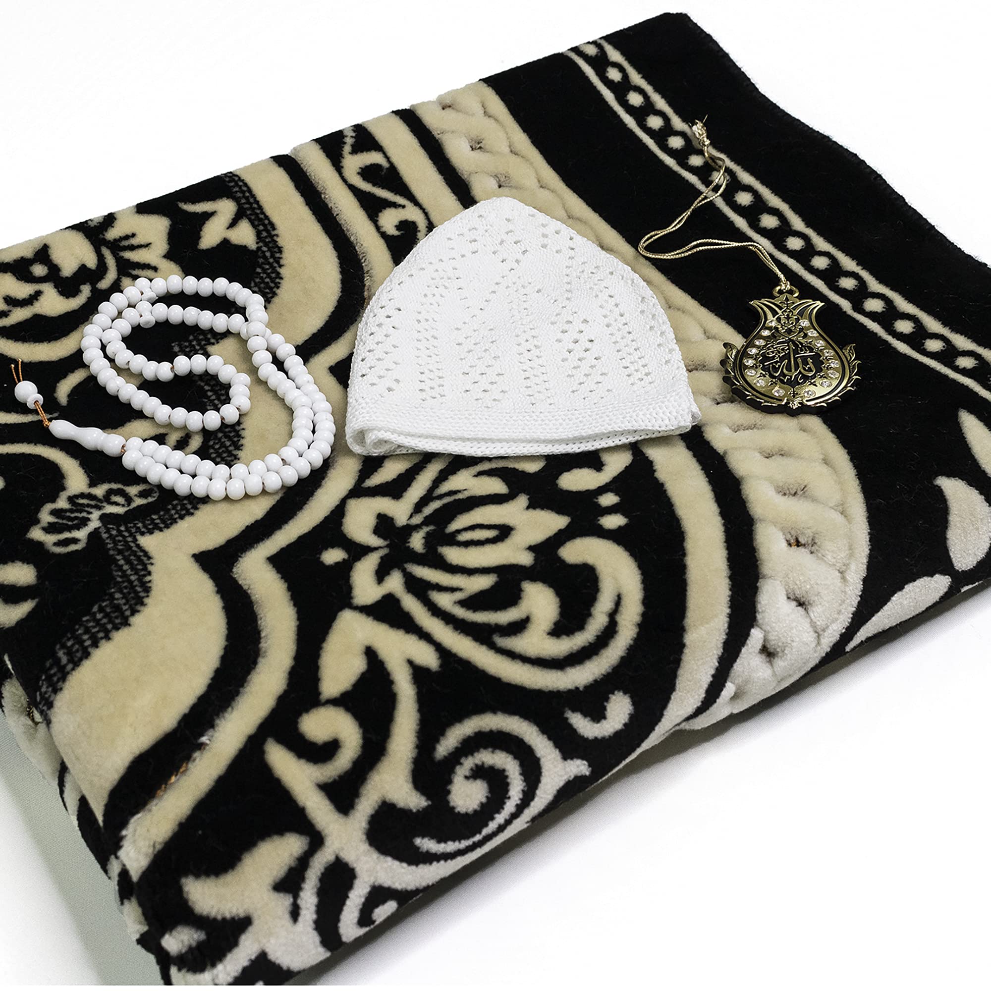 Modefa Turkish Islamic Velvet Prayer Rug - Thick Wide Soft Prayer Carpet - Men & Women - Large Prayer Mat - Eid & Ramadan Gift - with Kufi Cap Beads & Car Hanger - Double Plush Floral Black