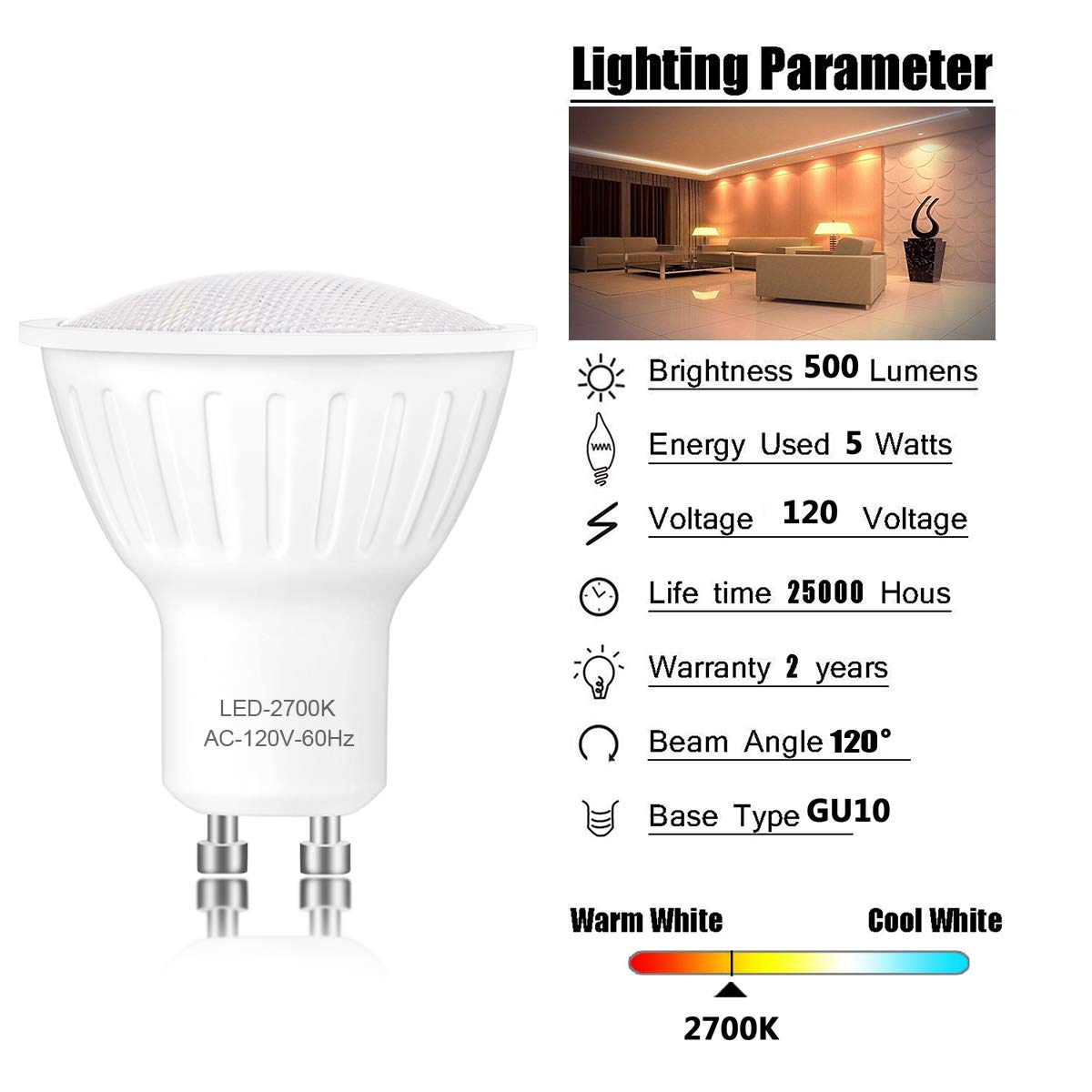 6 Pack GU10 LED Bulbs Dimmable， 2700-Kelvin Warm White, 500LM,5-Watt(50-Watt Equivalent) 120° Beam Degree Angle ，Frosted MR16 Shape GU10 Bulb，Recessed Light,Spotlight