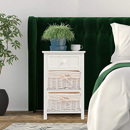 Giantex Nightstand with Drawers Wooden, W/ 2 Storage Baskets and Open Shelf for Bedroom, Bedside Sofa End Table (1, White)