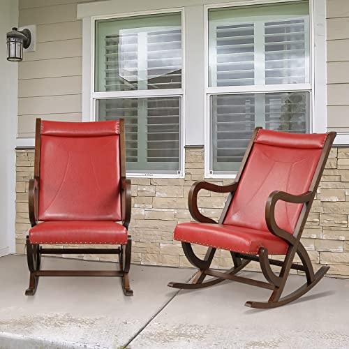 Giantex Rocking Chair with Cushion, Modern PU Leather Rocker, Rubber Wood Frame, Ergonomic Backrest Armrest, Single Rocking Chair for Nursery Living Room Bedroom Lounge Office, Red
