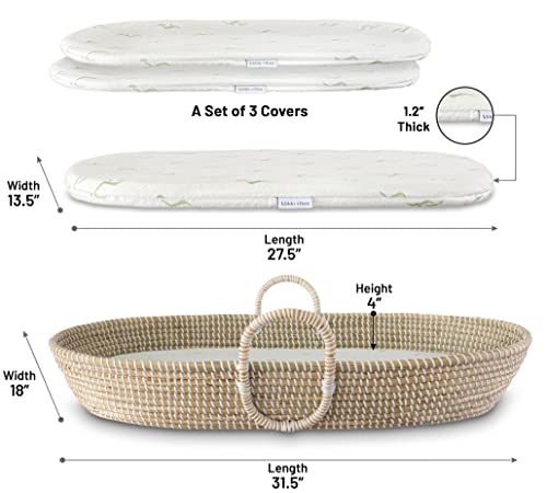 KIDDO VIBES Handwoven Baby Changing Basket with Pad & 3 Waterproof Bamboo Jacquard Covers - Multifunctional CPSC Compliant Organic Seagrass Baby Moses Basket with a Soft Thick Waterproof Changing Pad