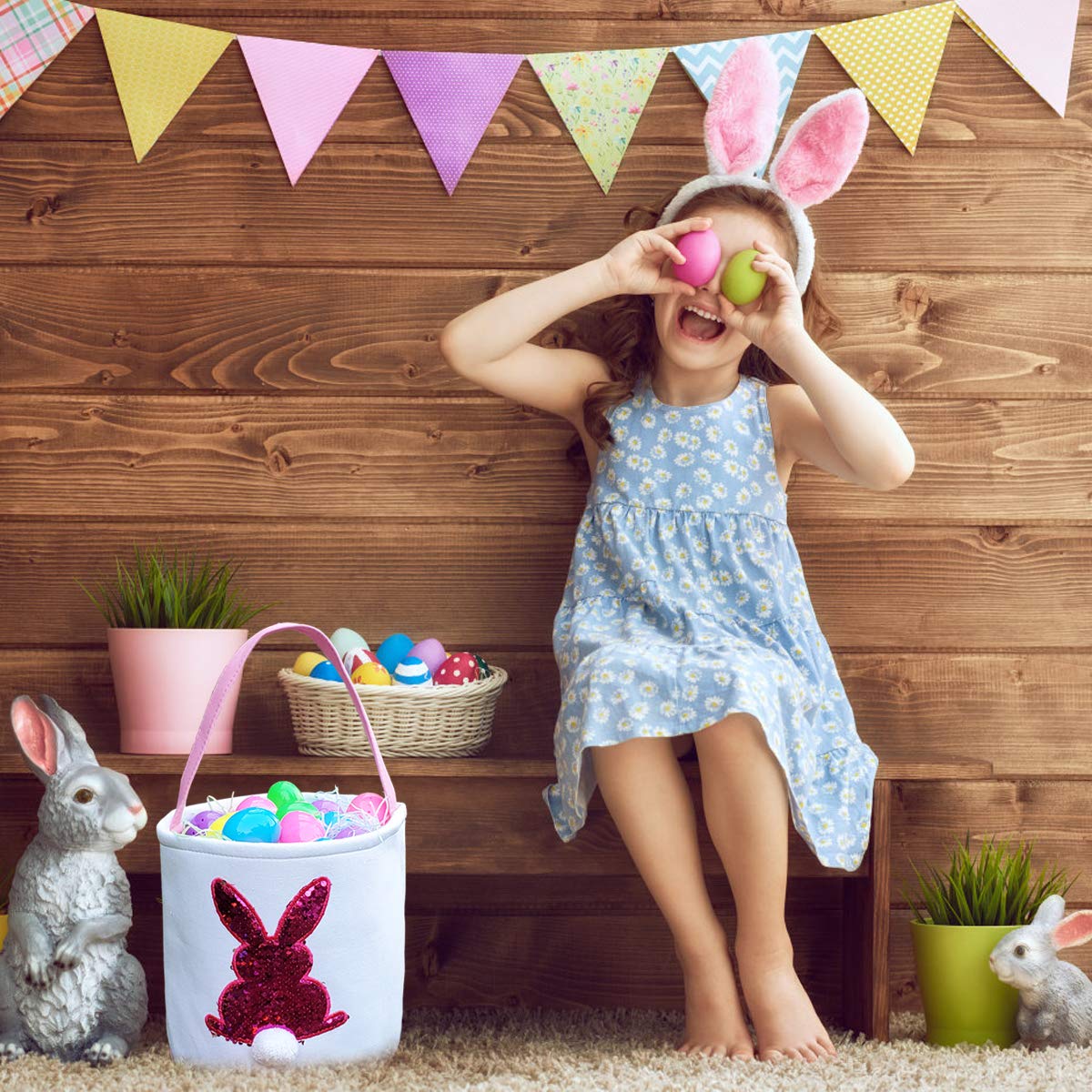 Poptrend Easter Basket Bags,Easter Eggs/Gift Baskets for Kids,Bunny Tote Bag Bucket for Easter Eggs,Toys, Candy,Gifts (Pink paillette)