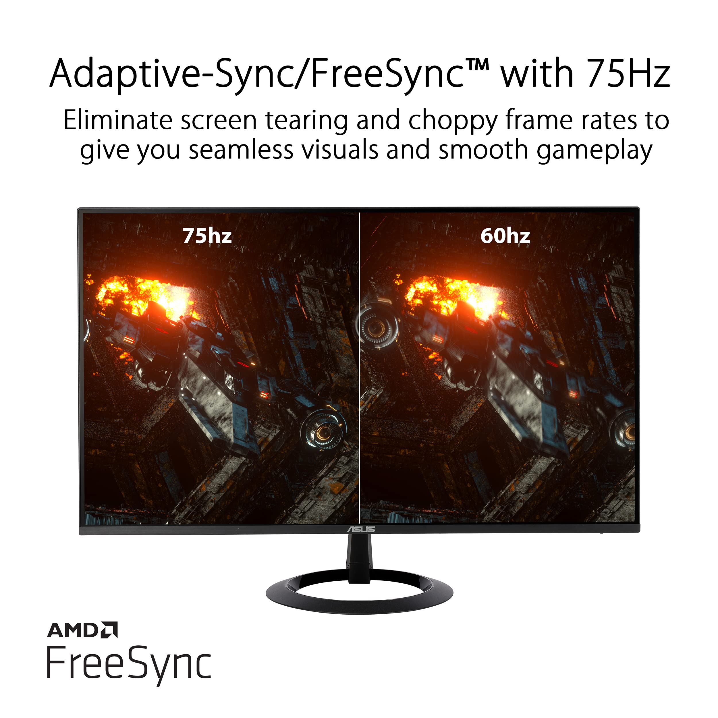 ASUS 27” 1080P Monitor (VZ27EHE) - Full HD, IPS, 75Hz, 1ms, Adaptive-Sync/FreeSync, Low Blue Light, Flicker Free, Ultra-Slim, VESA Mountable, Frameless, HDMI, VGA (Renewed)