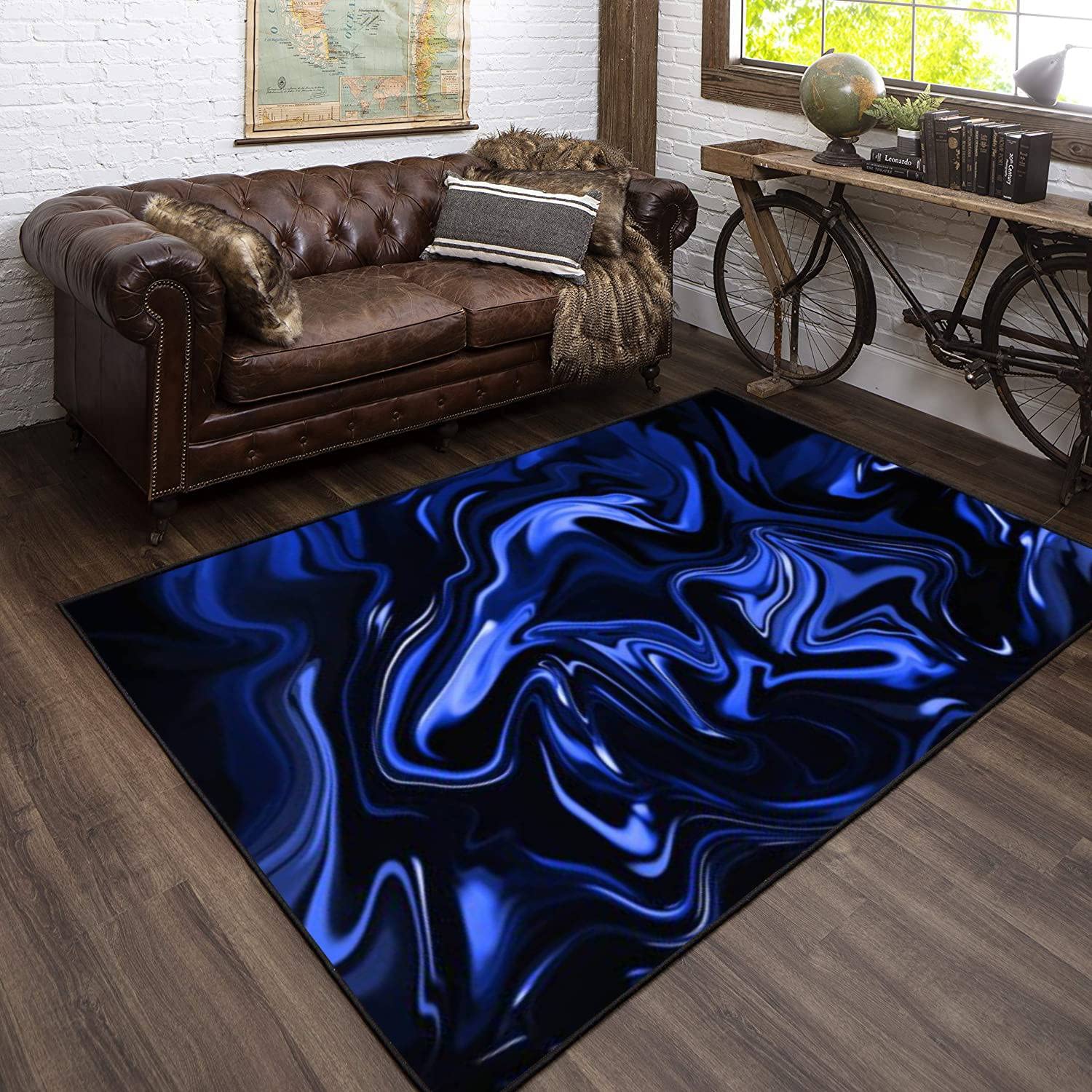 D1KV9Z46FE Modern 3D Home Area Rugs Marble Blue Black Neon Abstract Wave Sea Night Marbled Texture Carpets Non-Slip Extra Size Yoga Mat Runner Rug for Living Room Bedroom Girls Playroom Decor, 6x9 ft