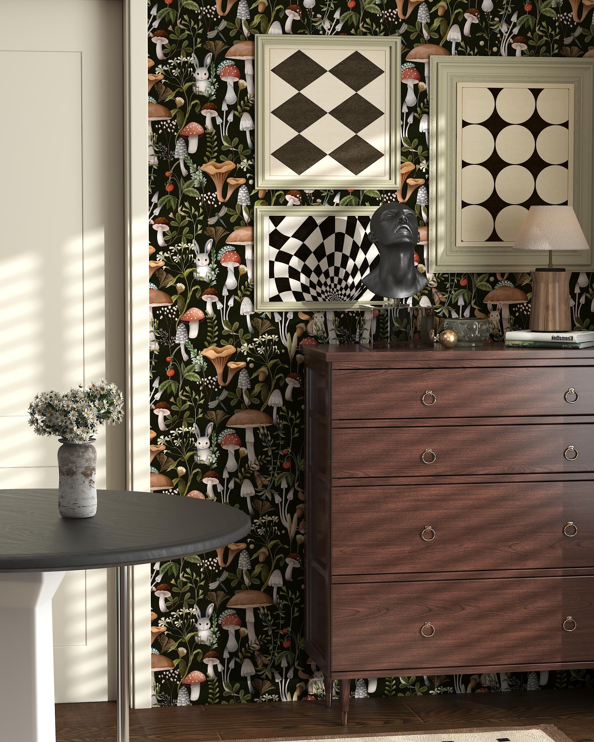 MILEPER Mushroom Wallpaper Peel and Stick Wallpaper Boho Black Wallpaper 17.7" x 78.8" Self Adhesive Removable Wallpaper Leaf Forest Wallpaper Mushroom Contact Paper for Countertops Decor