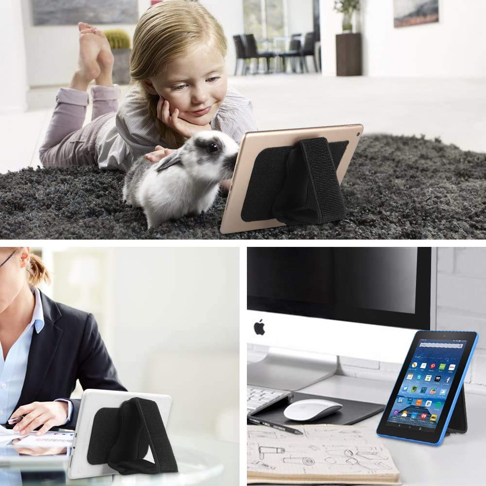 FINTIE Universal Tablet Hand Strap Holder - [Dual Stand Supports] Detachable Padded Hook & Loop Fastening Handle Grip with Adhesive Patch for iPad/Galaxy Tab and All 7-11" Tablets, Black