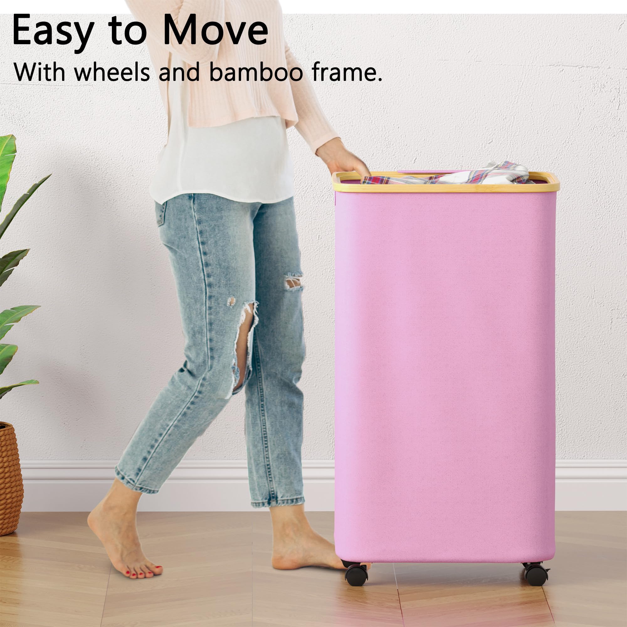 SUOCO Laundry Hamper with Wheels and Lid, 26 Gal (100L) Clothes Basket with Bamboo Handles, Large Foldable Laundry Hamper for Bedroom, Bathroom, Dorm, Laundry Room - Pink
