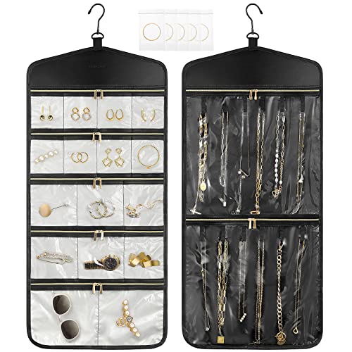 CHICECO Hanging Jewelry Organizer with Zippered Large Pockets,Double-Sided Necklace Earring Jewelry Holder for Closet