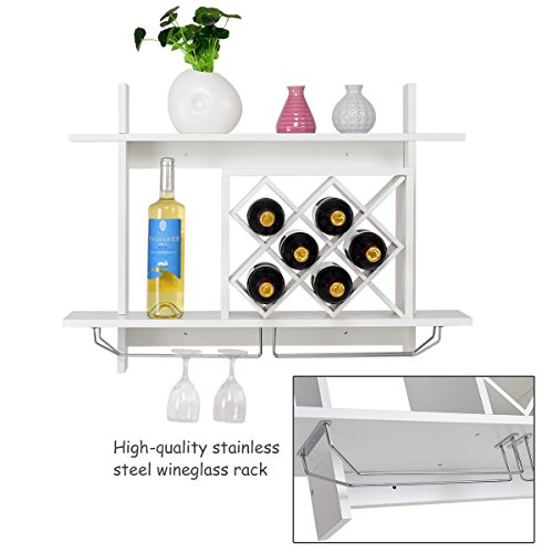 Giantex Wall Mounted Wine Rack Organizer W/Metal Glass Holder & Multifunctional Storage Shelf Modern Diamond-Shaped Wood Wine Server for 6 Bottles Wine Storage Display Rack (White)