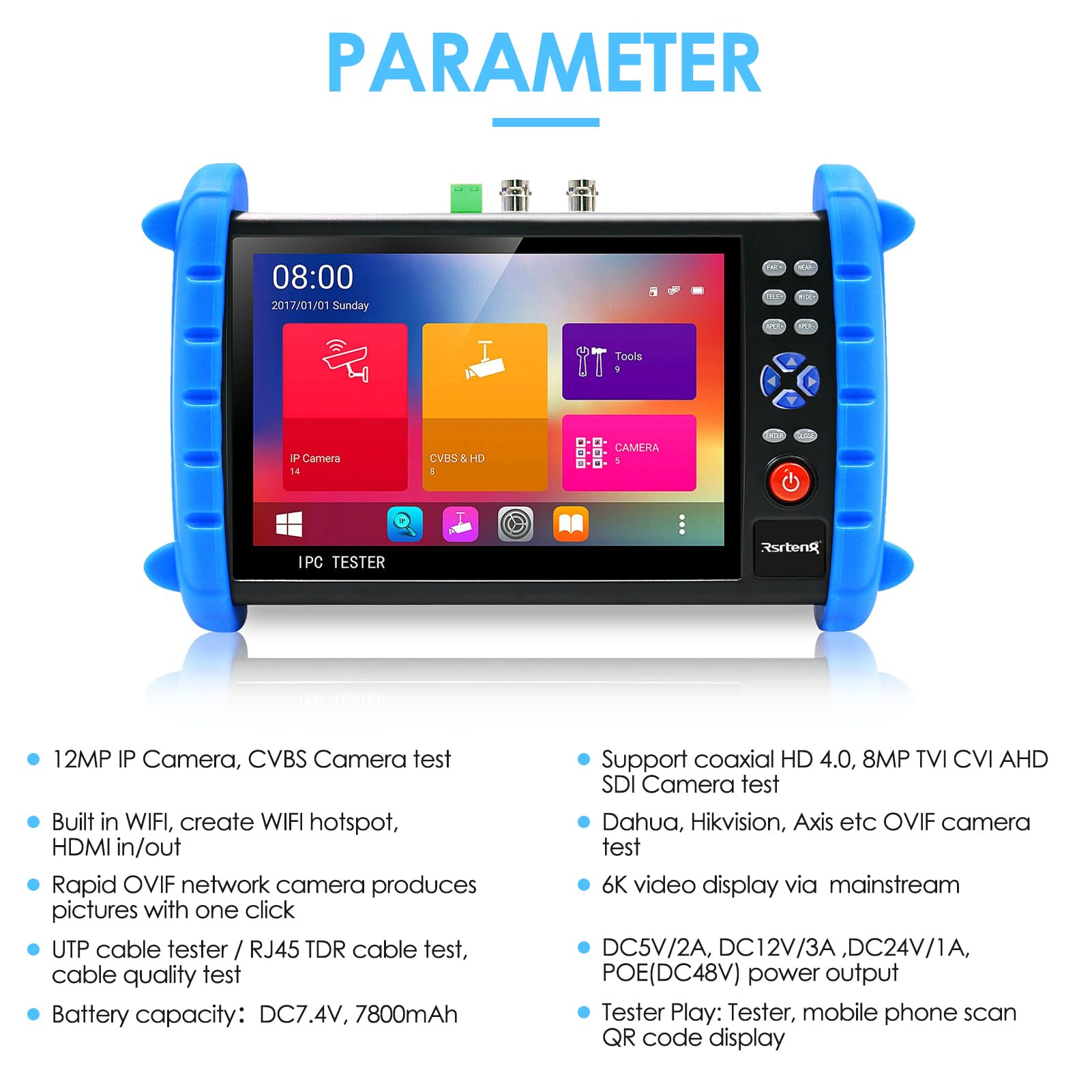 Rsrteng CCTV Camera Tester, IPCXS-ACHITU Security IP Camera Tester 8MP CVI TVI AHD SDI CVBS Camera Tester 7inch IPS Touch Screen Support TDR POE WIFI 4K HDMI IPC Tester