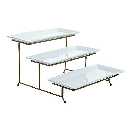 Gibson 3 Tiered Platter Stand with Rectangle Plates, Appetizer Serving Tray, Dessert Display for Tea Party, Brunch Decor, Home Entertaining, Perfect for Cake Pops, Fruit, Cupcakes, Cookies, White/Gold