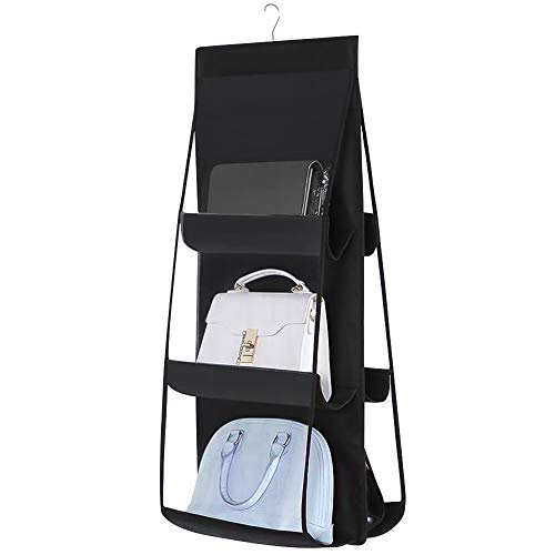 inheming Hanging Purse Handbag Organizer, Dust-Proof Space Saver Storage Holder Bag, 6 Pockets Wardrobe Closet Handbags Storage(Black)