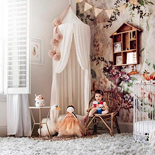 Kids Bed Canopy with Pom Pom Hanging Net for Baby Crib Nook Castle Game Tent Nursery Play Room Decor,White