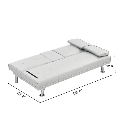 anwickjeff Convertible Folding Futon Sofa Bed with Metal Legs & 2 Cupholders, Modern Faux Leather Upholstered Couch Loveseat Sleeper, Folding Couches Bed, Removable Armrests for Small Spaces (White)