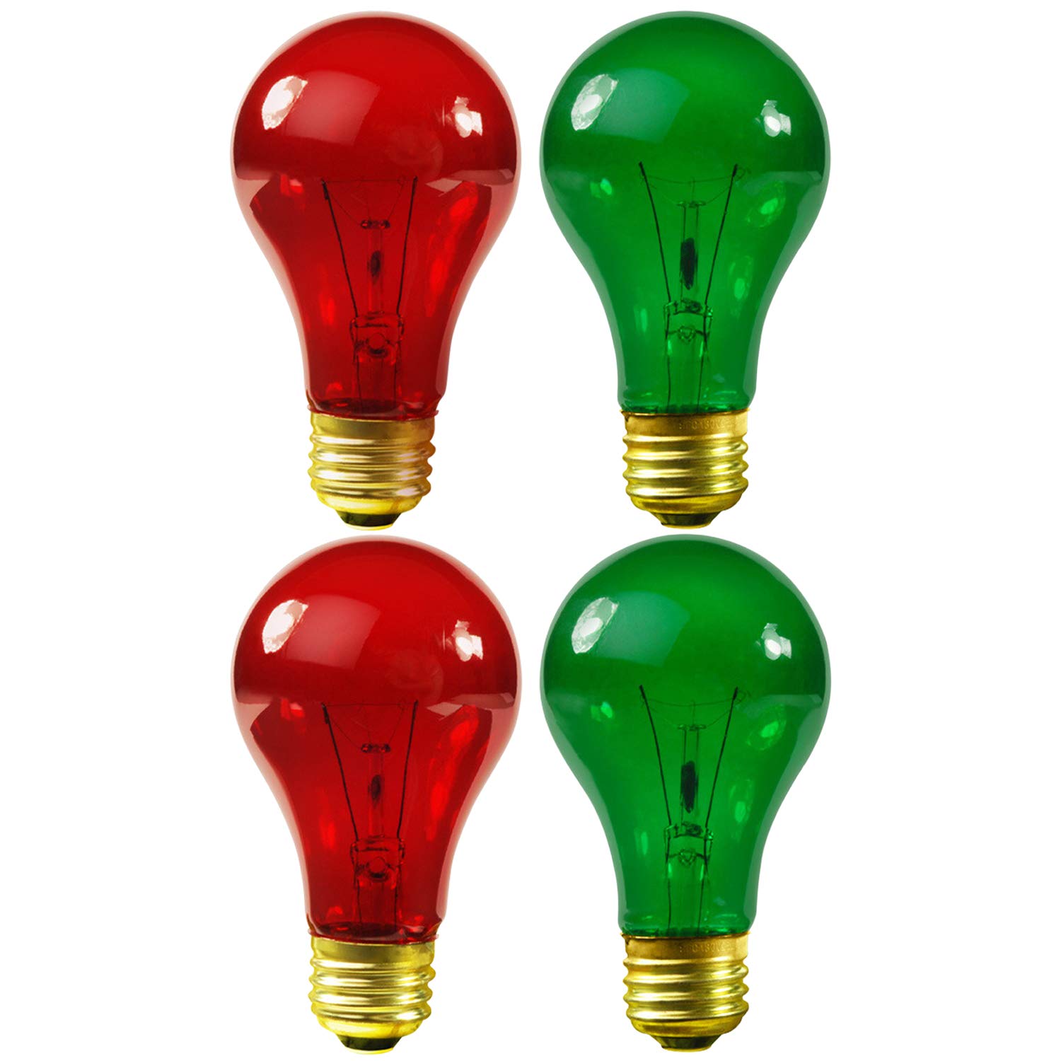 4 Pack 25 Watt A19 Colored Transparent Red and Green Incandescent Medium Base Party Light Bulb Red Light Bulb Green Light Bulb