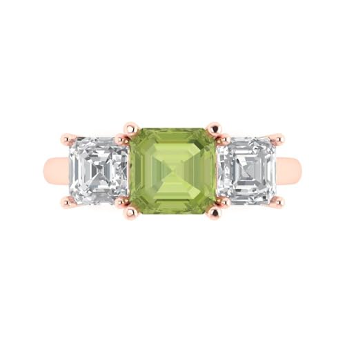 3.25 ct SQ Emerald cut 3 stone Solitaire Natural Green Peridot Engagement Promise Anniversary Bridal Ring 14k Rose Gold 3.5